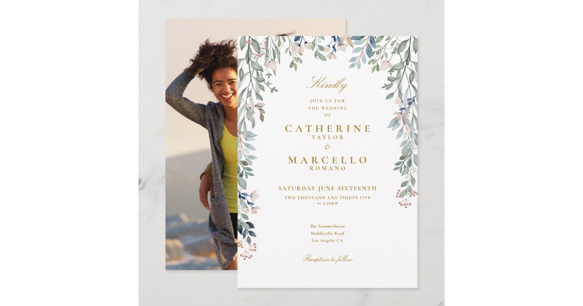 Greenery Floral Wildflowers Photo Wedding Invitation | Zazzle