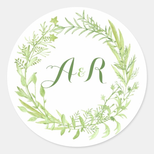 Greenery Floral Wreath Monogram Wedding Classic Round Sticker | Zazzle.com