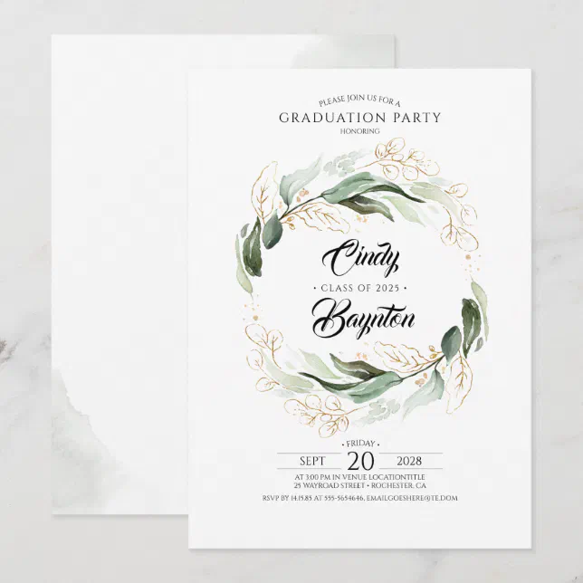 Greenery Foliage and Gold Leaves Graduation Party Invitation | Zazzle