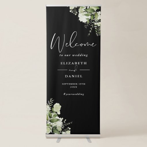 Greenery Foliage Black And White Wedding Welcome Retractable Banner ...