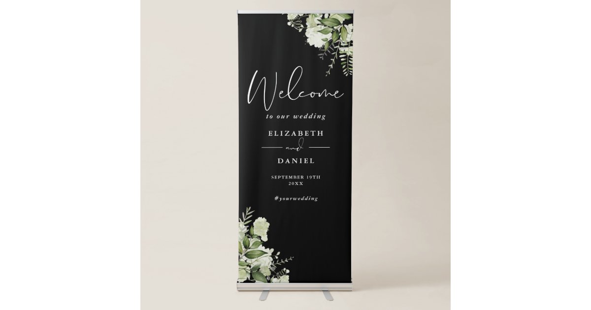 Greenery Foliage Black And White Wedding Welcome Retractable Banner ...