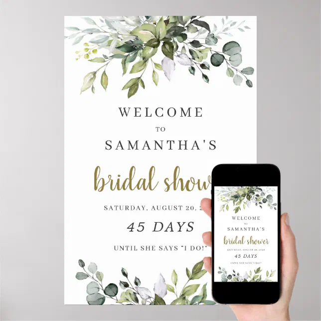 Greenery foliage boho bridal shower countdown sign | Zazzle
