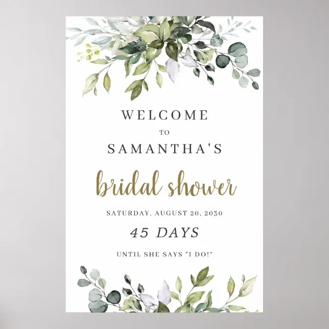 Greenery foliage boho bridal shower countdown sign | Zazzle