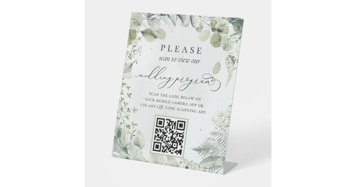 Greenery Foliage Botanical QR code Wedding Program Pedestal Sign | Zazzle