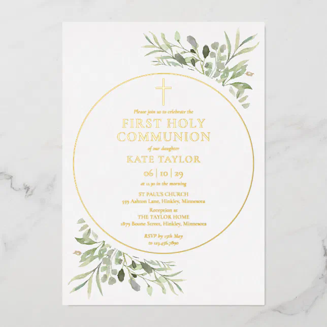 Greenery Foliage First Holy Communion Gold Foil Invitation | Zazzle