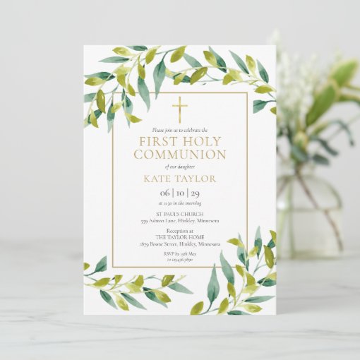 Greenery Foliage First Holy Communion Invitation | Zazzle