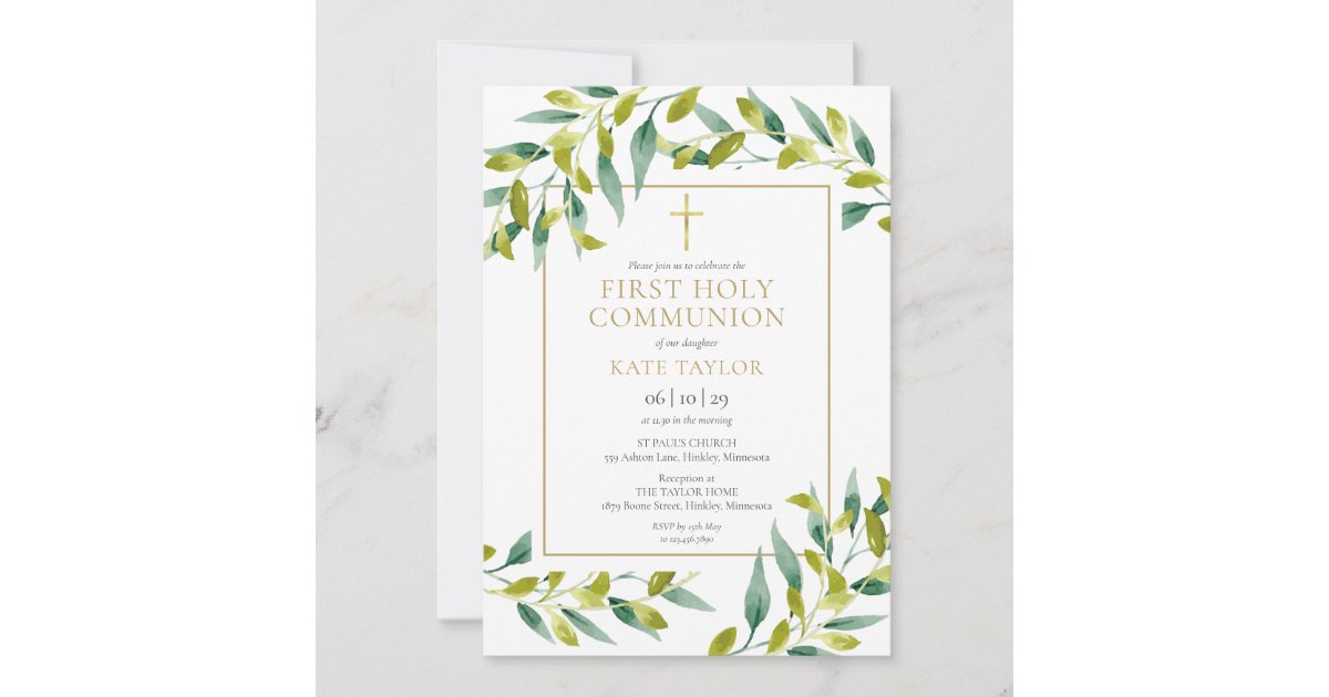 Greenery Foliage First Holy Communion Invitation | Zazzle