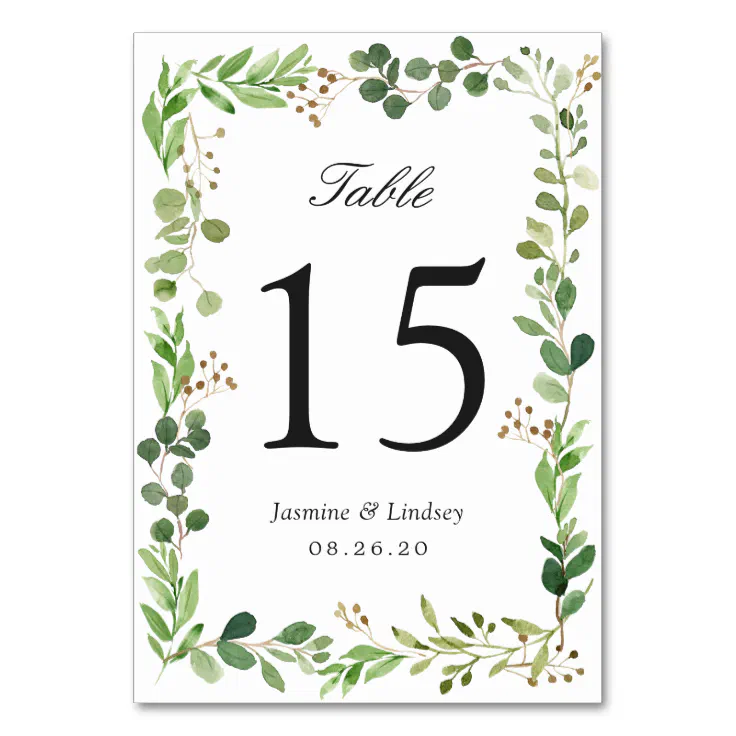 Greenery Foliage Leaves Border Frame Wedding Table Number | Zazzle