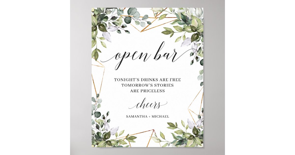 Greenery foliage leaves gold frames open bar sign | Zazzle
