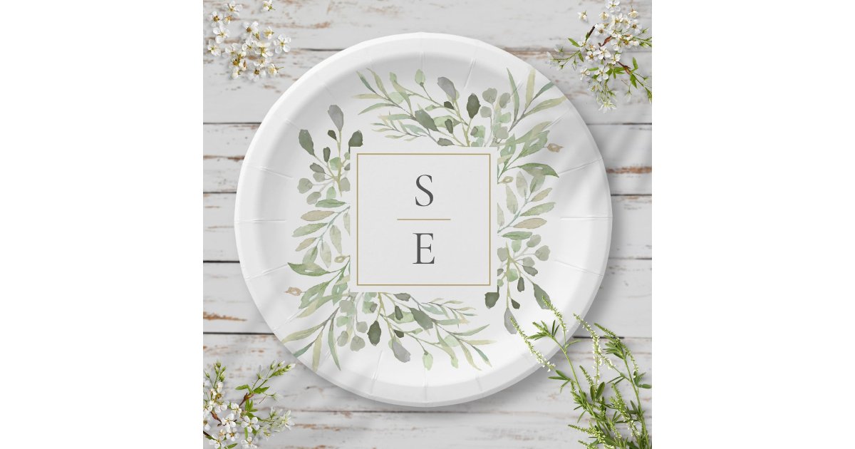 Greenery Foliage Monogram Initials Wedding Paper Plates | Zazzle