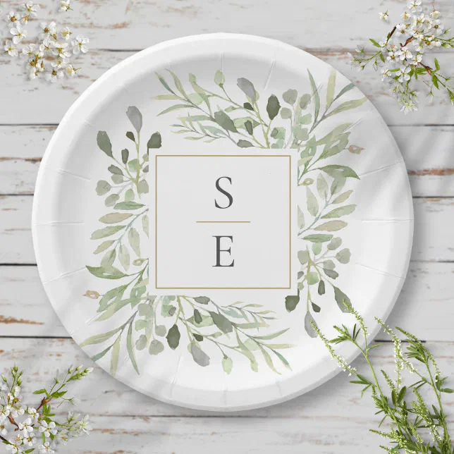 Greenery Foliage Monogram Initials Wedding Paper Plates | Zazzle