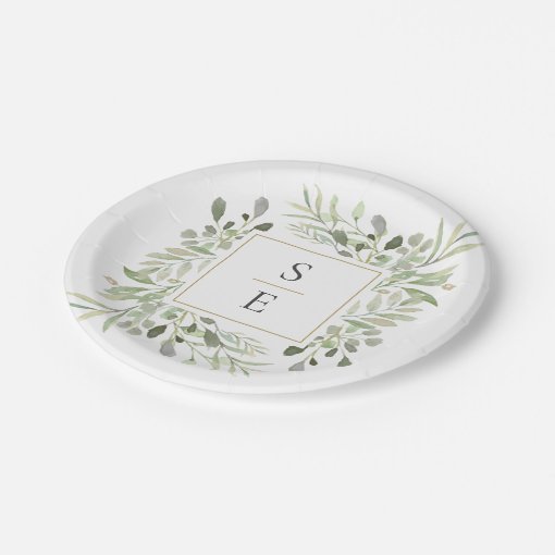 Greenery Foliage Monogram Initials Wedding Paper Plates | Zazzle