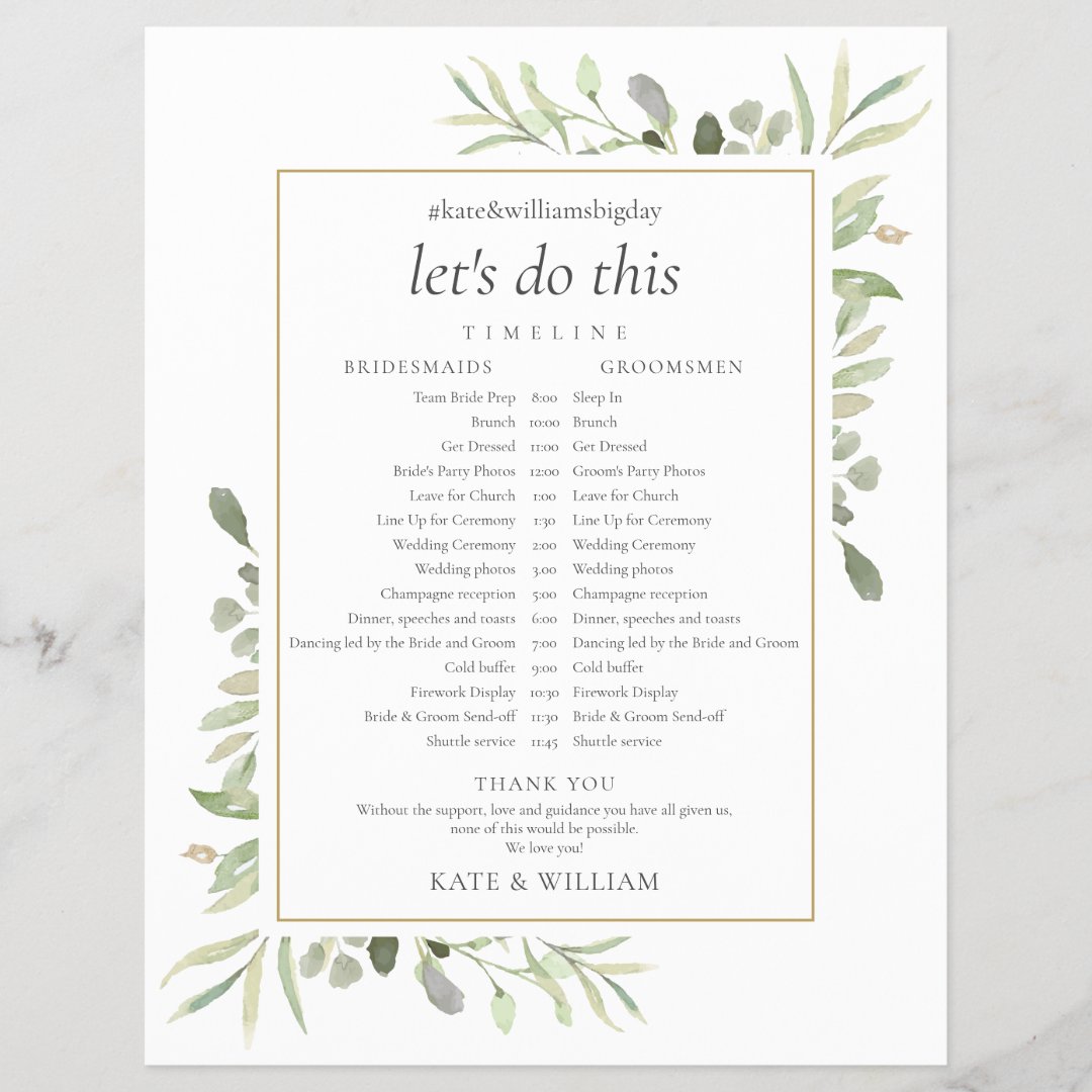 Greenery Foliage Wedding Schedule Timeline | Zazzle