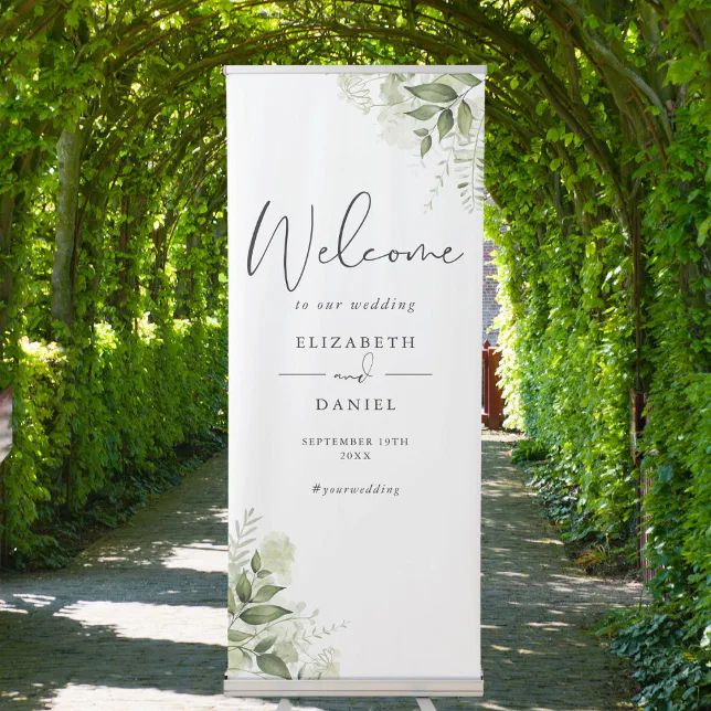 Greenery Foliage Wedding Welcome Retractable Banner | Zazzle