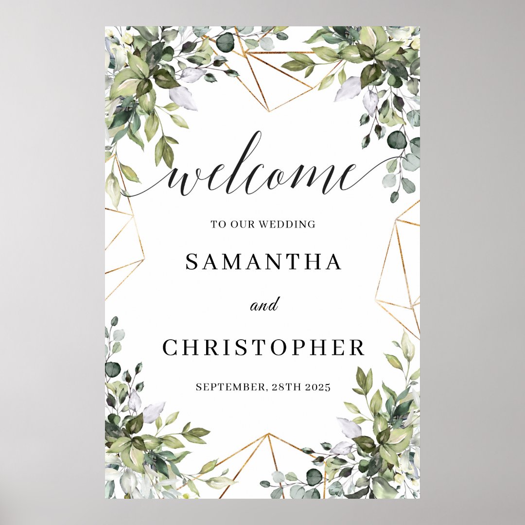 Greenery foliage wedding welcome sign poster | Zazzle