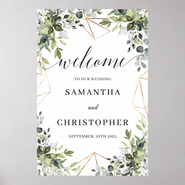 Greenery foliage wedding welcome sign poster | Zazzle