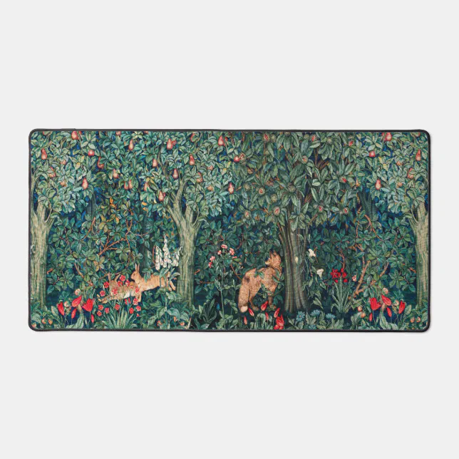 GREENERY,FOREST ANIMALS Hares ,Fox,Green Floral Desk Mat | Zazzle