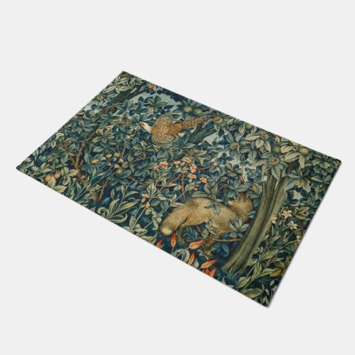GREENERY,FOREST ANIMALS Pheasant ,Fox,Green Floral Doormat | Zazzle