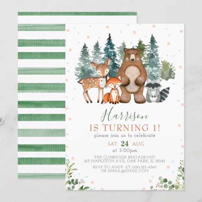 Greenery Forest Woodland Animals 1st Birthday Invitation | Zazzle