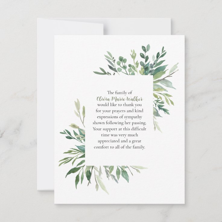 Greenery Frame Funeral Script Thank You Note Card | Zazzle