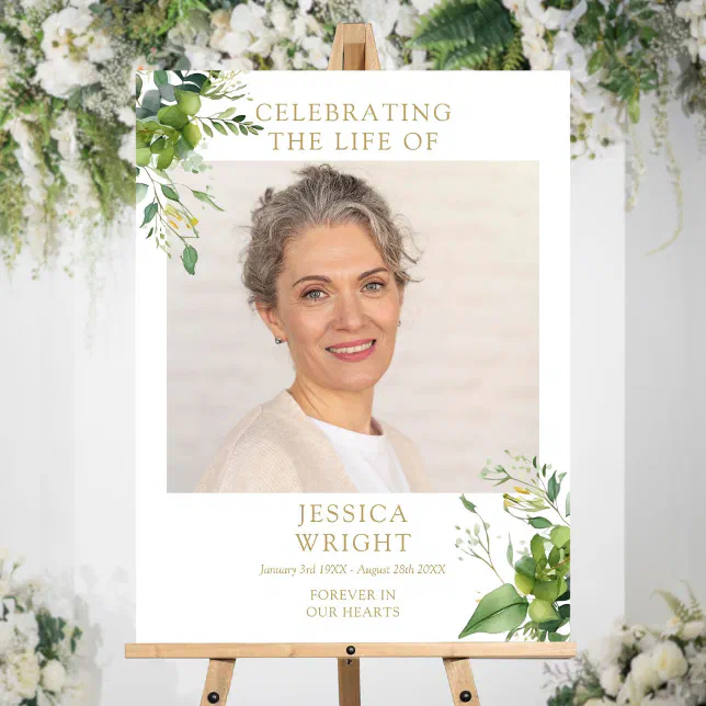 Greenery Funeral Celebration Of Life Photo Sign | Zazzle