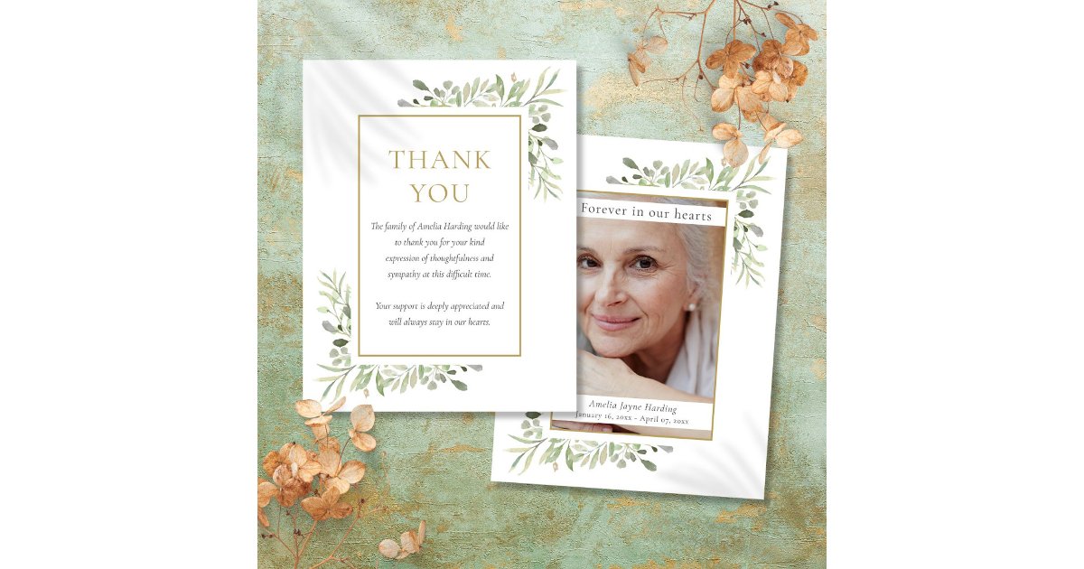 Greenery Funeral Photo Thank You Card | Zazzle