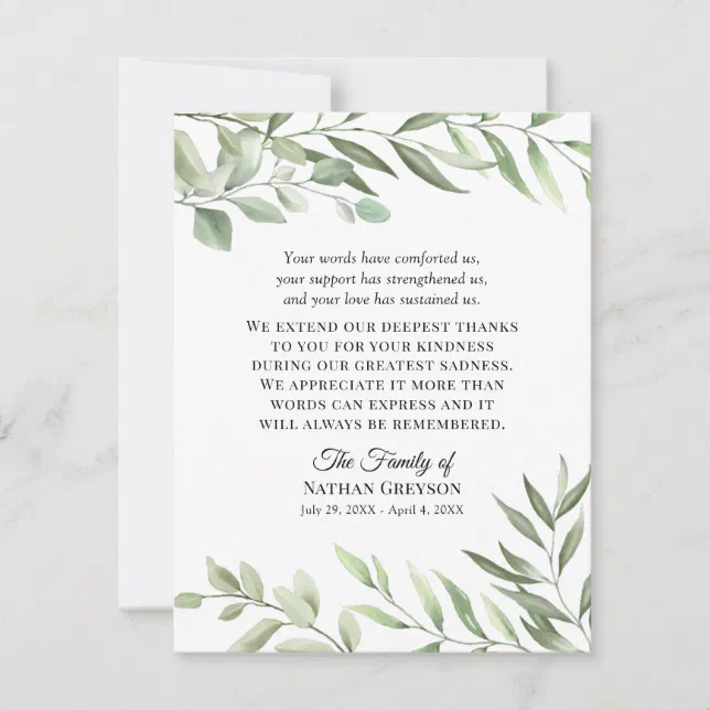 Greenery Funeral Sympathy Thank You Note Card | Zazzle
