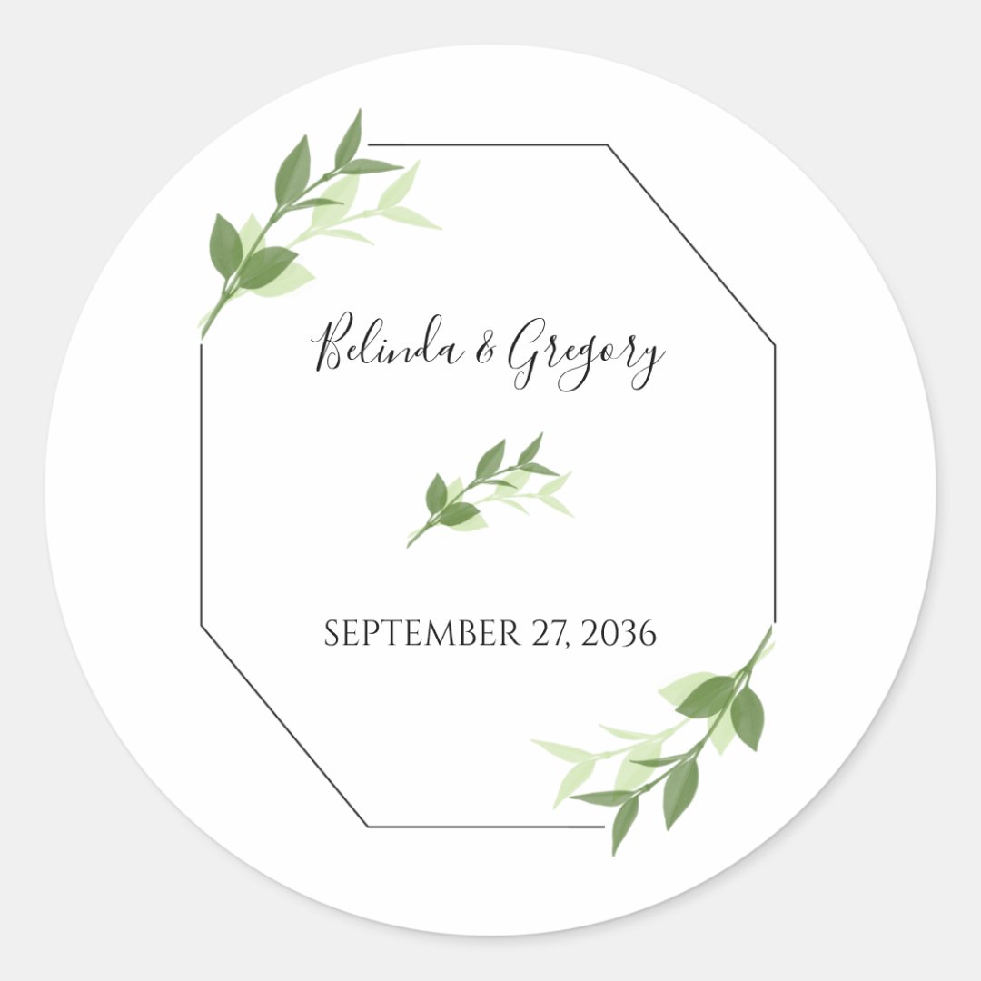 Greenery Garden Leaves Frame Wedding Classic Round Sticker | Zazzle