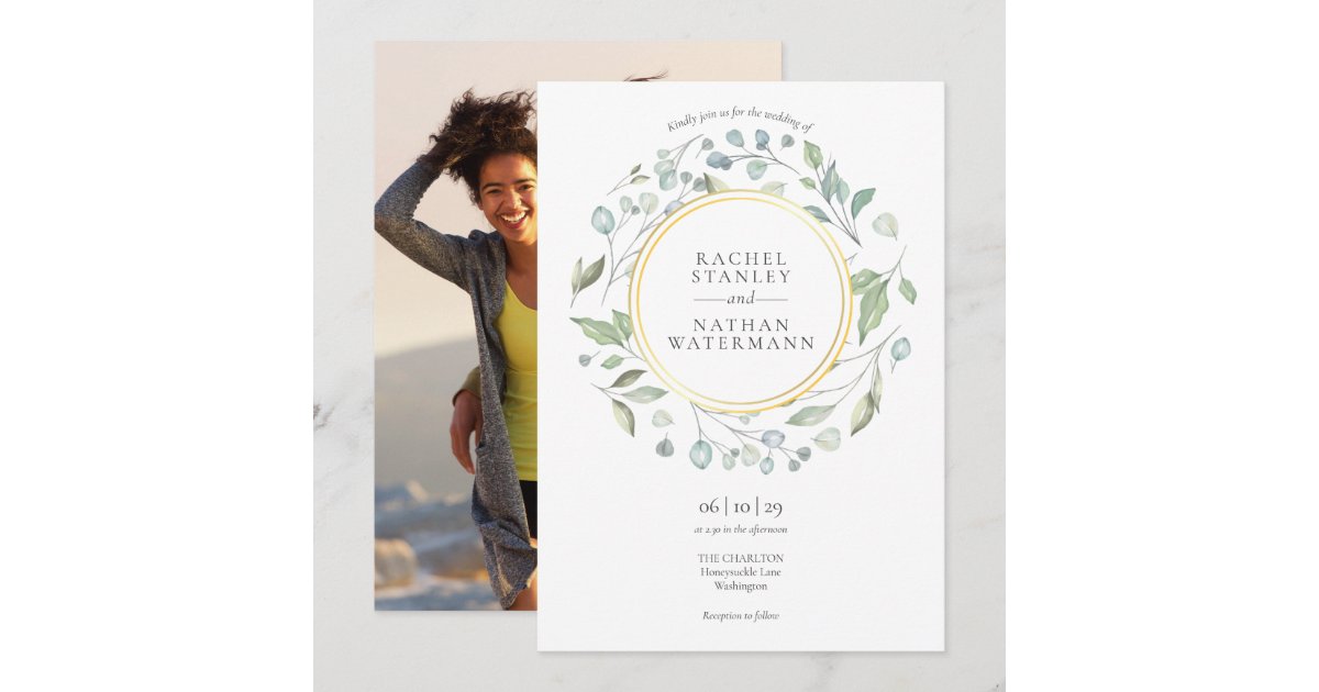 Greenery Garland Gold Geometric Photo Wedding Invitation | Zazzle