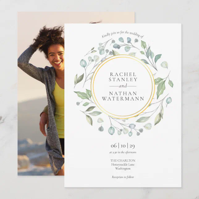 Greenery Garland Gold Geometric Photo Wedding Invitation | Zazzle