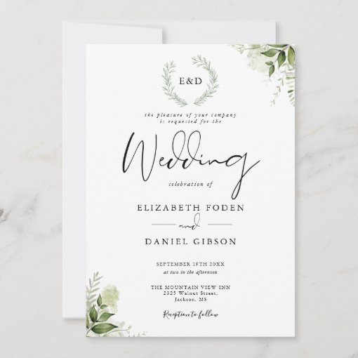 Greenery Garland Monogram Wedding Invitation | Zazzle