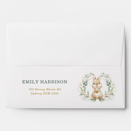 Greenery Gold Bunny Rabbit Baby Shower Birthday Envelope | Zazzle