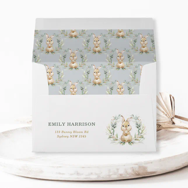 Greenery Gold Bunny Rabbit Baby Shower Birthday Envelope | Zazzle