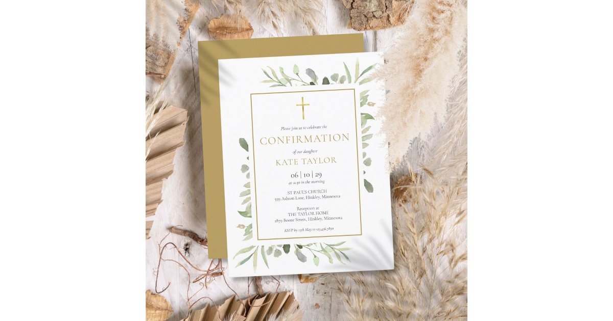 Greenery Gold Confirmation Invitation | Zazzle