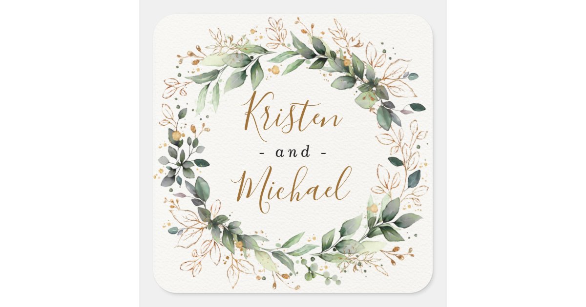 Greenery Gold Elegant Watercolor Boho Leaf Wedding Square Sticker | Zazzle