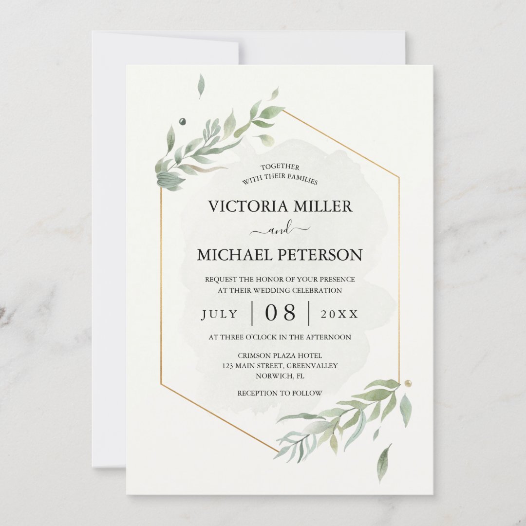 Greenery Gold Elegant Watercolor Foliage Wedding Invitation | Zazzle