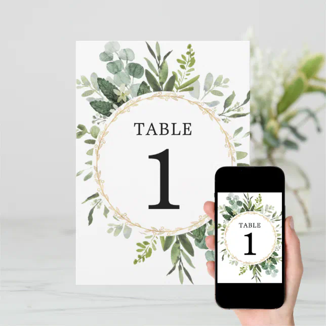 Greenery gold eucalyptus 5"x7" table numbers | Zazzle