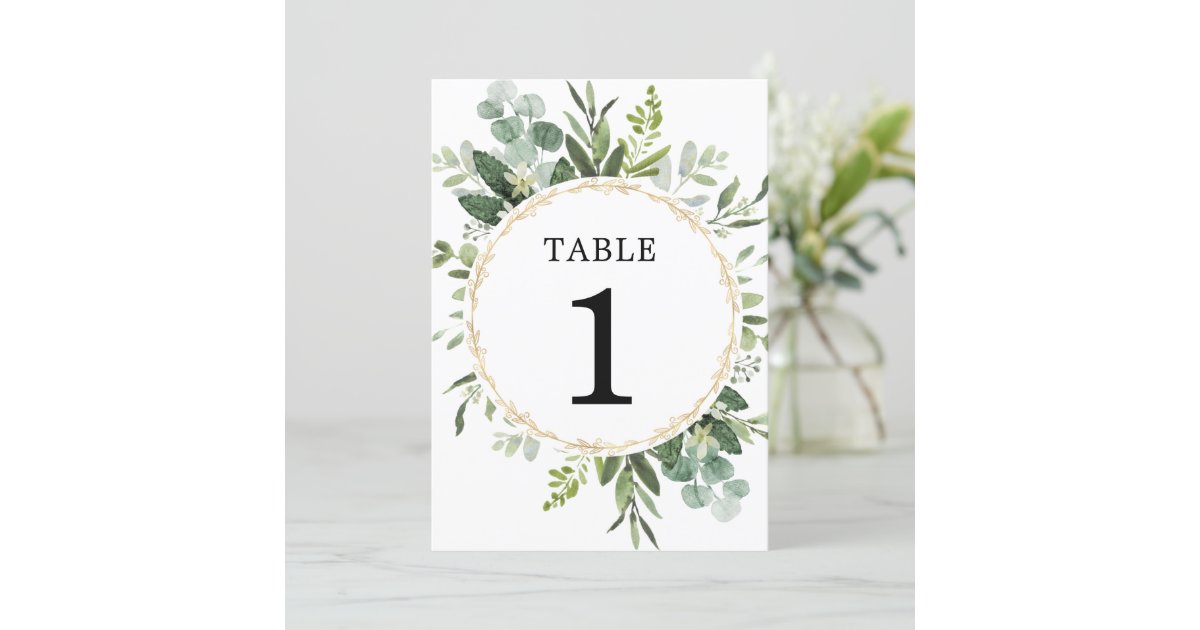 Greenery gold eucalyptus 5"x7" table numbers | Zazzle