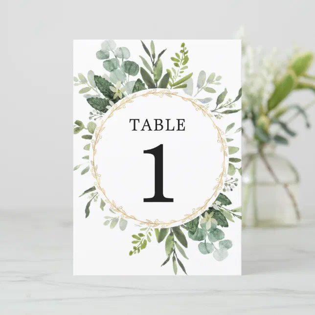 Greenery gold eucalyptus 5"x7" table numbers | Zazzle