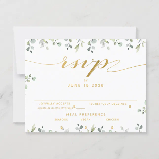 Greenery Gold Fancy Calligraphy Wedding RSVP Card | Zazzle