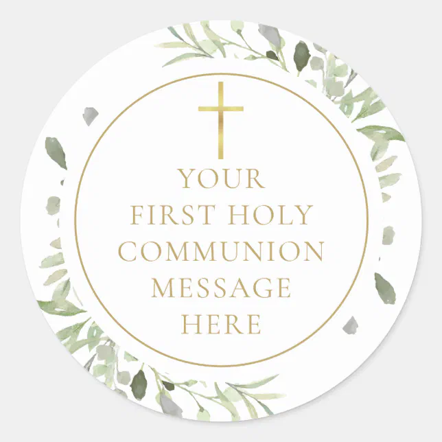 Greenery Gold First Holy Communion Message Classic Round Sticker | Zazzle