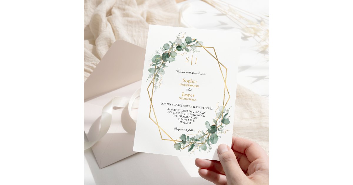 Greenery Gold Frame Simple Monogram Wedding Invitation | Zazzle