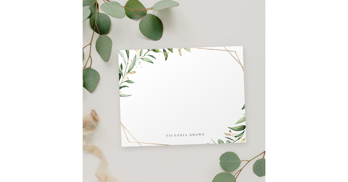 Greenery Gold Geometric Personalized Stationery Note Card | Zazzle