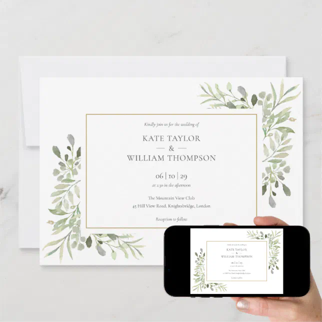Greenery Gold Geometric Photo Landscape Wedding Invitation | Zazzle