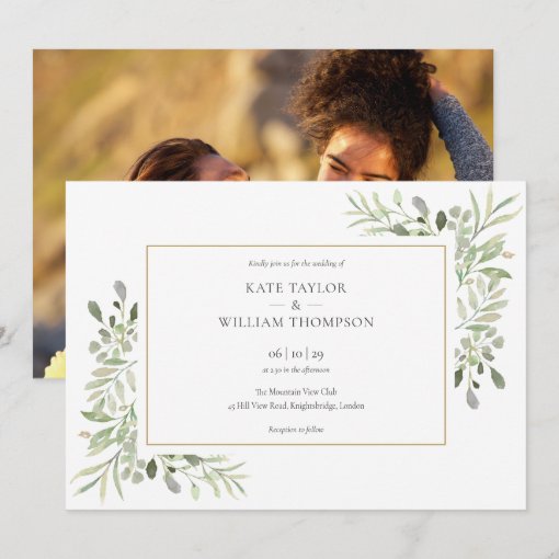 Greenery Gold Geometric Photo Landscape Wedding Invitation | Zazzle