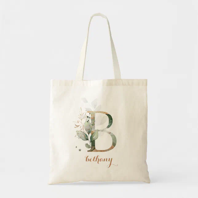 Greenery Gold Leaf Foliage Personalized Letter "B" Tote Bag | Zazzle