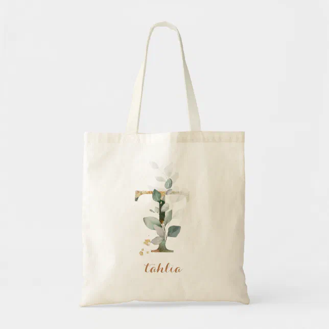 Greenery Gold Leaf Foliage Personalized Letter "T" Tote Bag | Zazzle