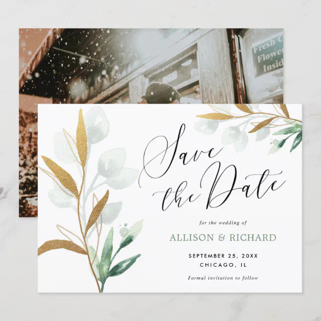 Greenery gold leaves with photo back save the date invitation | Zazzle