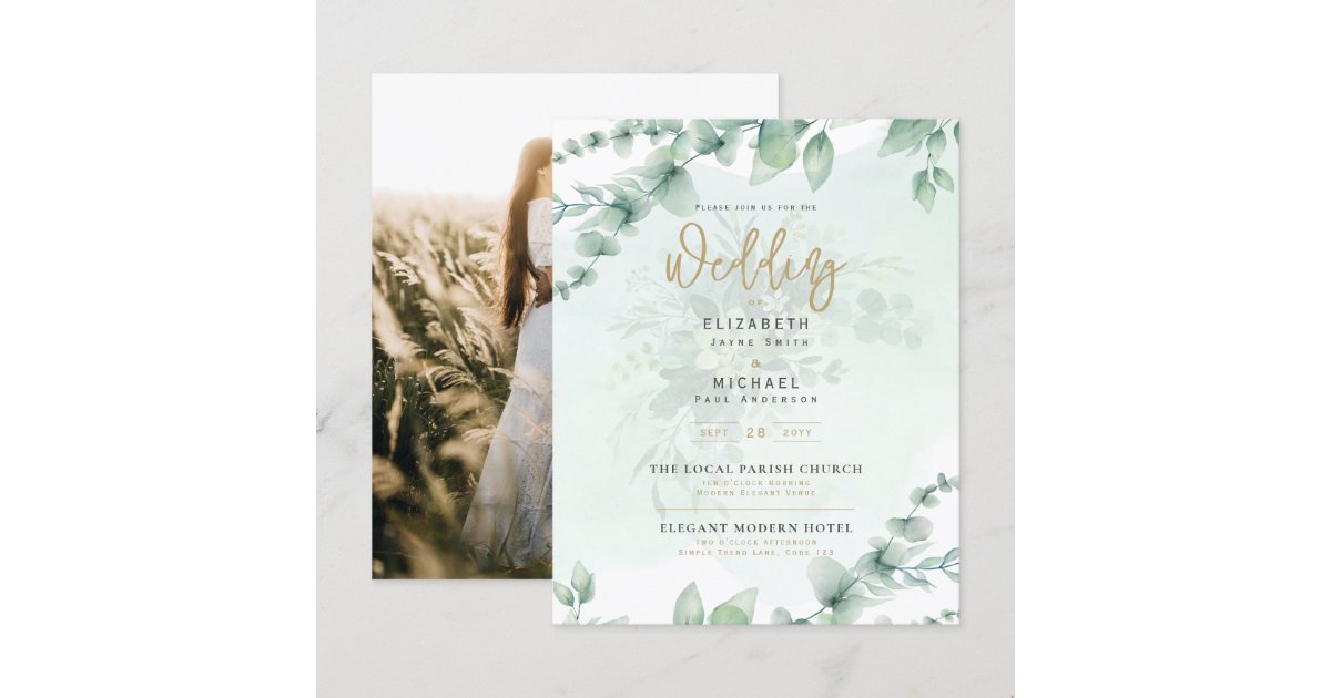 Greenery Gold PHOTO Wedding Invite BUDGET | Zazzle