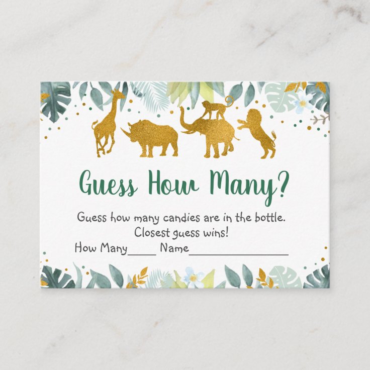 Greenery Gold Safari Wild One Guess How Many Game Enclosure Card | Zazzle